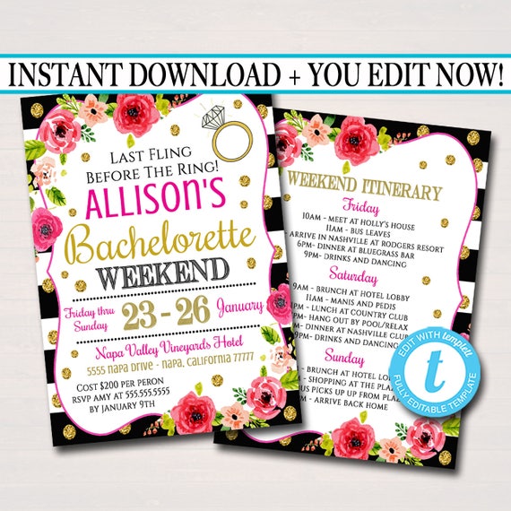EDITABLE Bachelorette Party Invitation With Itinerary, Girls Weekend ...