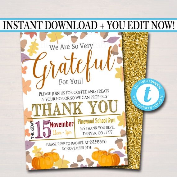Fall Appreciation Invitation, Grateful For You Teacher School Staff ...