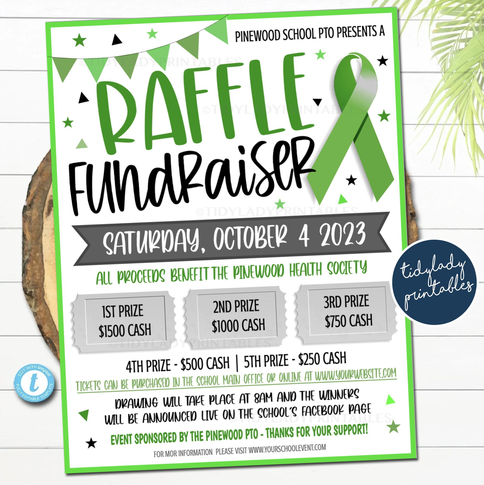 Green Ribbon Raffle Fundraiser Flyer: Editable Template (digital ...