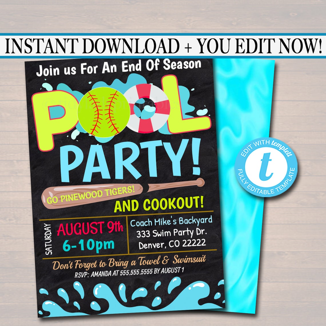 EDITABLE Summer Pool Softball Party Invitation Printable - Etsy