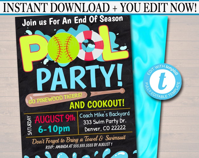 Editable Softball Party Invitation, Editable End of Season Softball ...