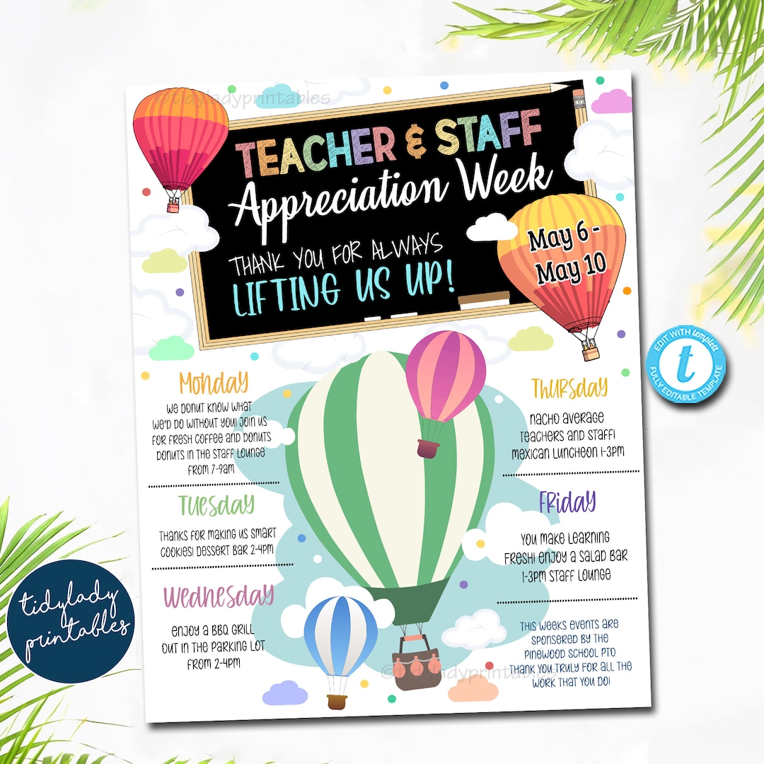 EDITABLE Lift Us up Teacher and Staff Appreciation Week, Itinerary ...
