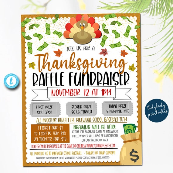 Thanksgiving Raffle Ticket Fundraiser Flyer, split the pot Raffle, cash ...