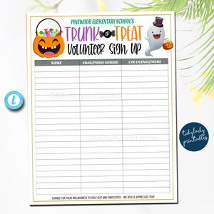 EDITABLE Trunk or Treat Car Volunteer Sign up Form Printable Halloween ...