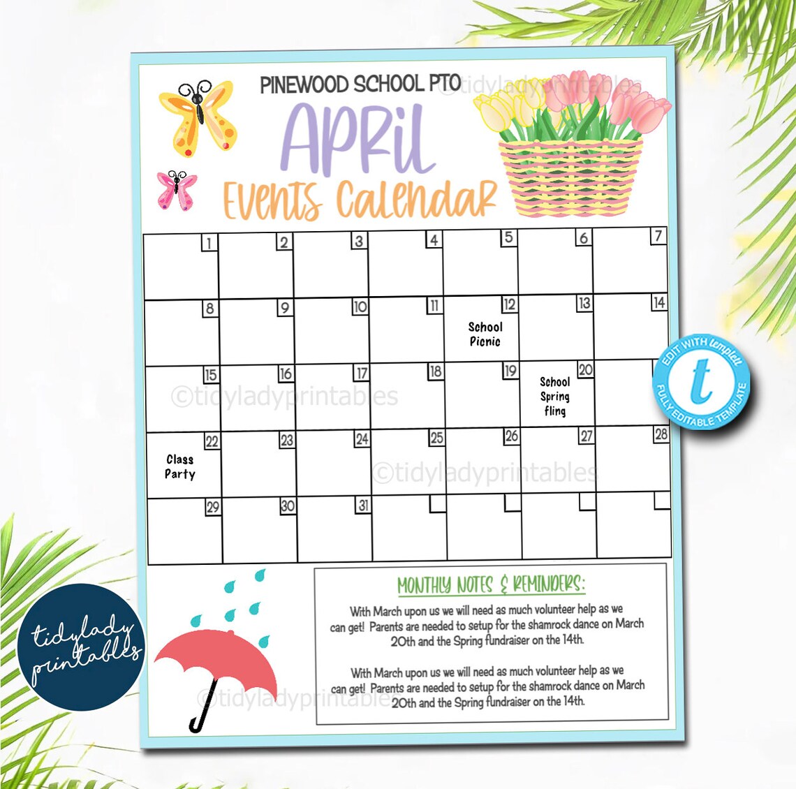 Editable April Events Calendar: Spring PTO PTA Handout (printable) - Etsy