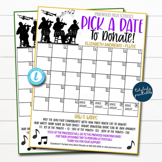 EDITABLE Music Pick a Date to Donate Printable, Marching Band ...