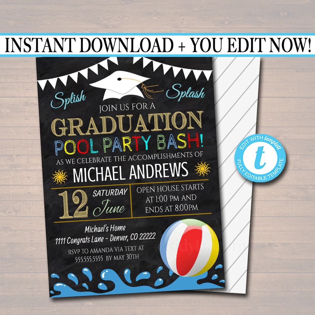 Editable Pool Party Graduation Invitation Chalkboard Printable Digital ...