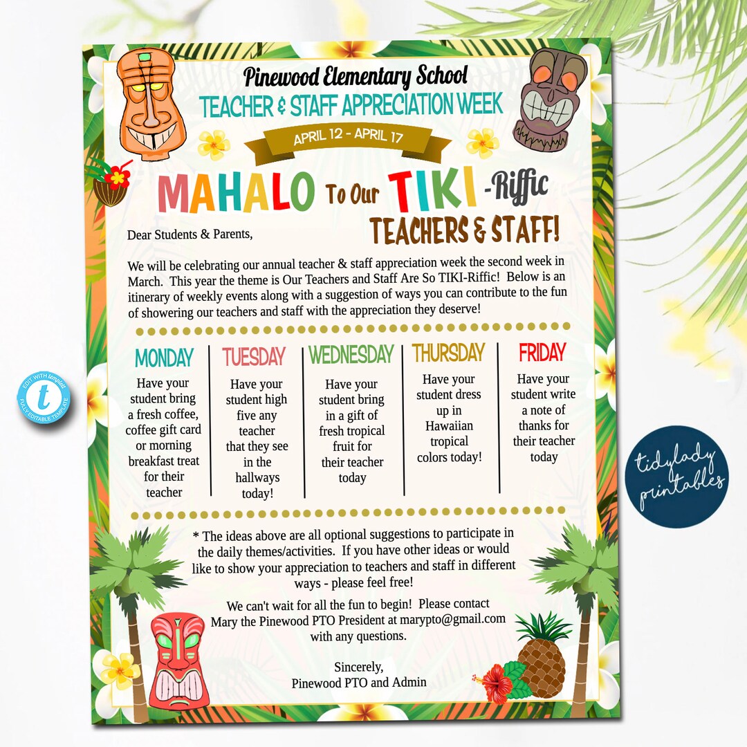 Tropical Teacher Appreciation Newsletter: Luau Theme (printable ...