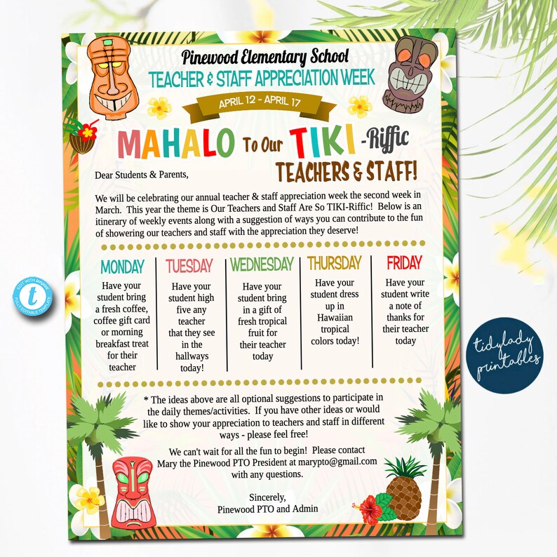Tropical Luau Theme Teacher Appreciation Newsletter: Family Student ...
