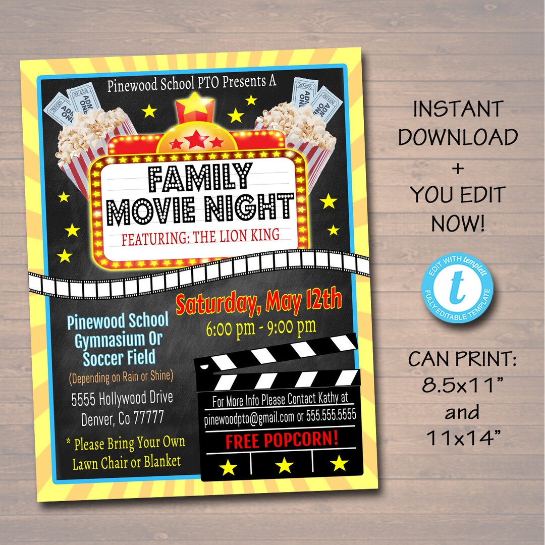 EDITABLE Movie Night Flyer, Printable PTA PTO Flyer, School Church ...