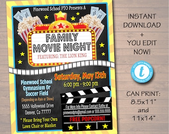 Movie Night Flyer, Printable PTA PTO Flyer, School Church Benefit ...
