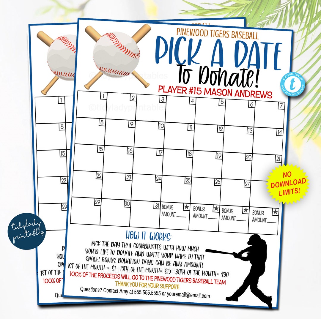 Editable Baseball Fundraiser Calendar: Pick a Date to Donate (digital ...