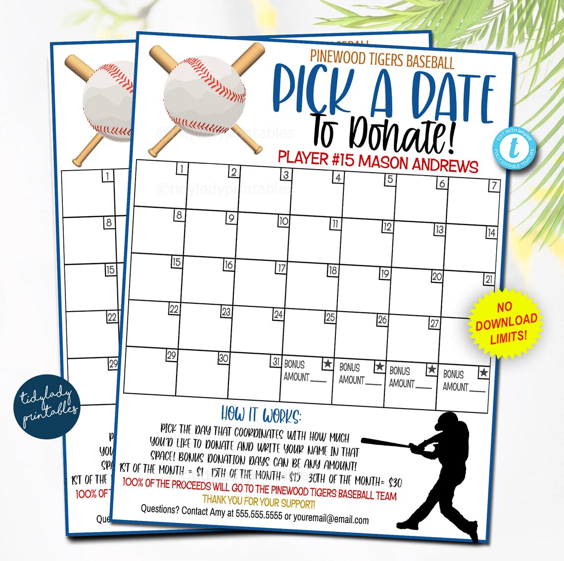 EDITABLE Baseball Pick a Date to Donate Printable Baseball - Etsy