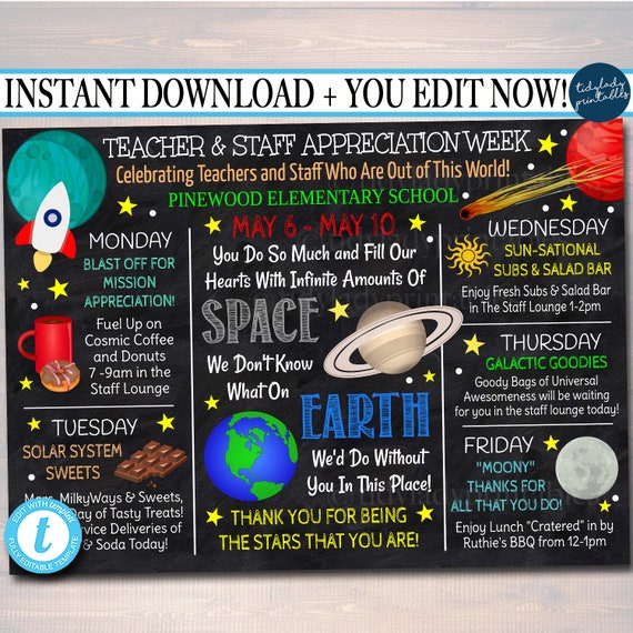 EDITABLE Space Theme Teacher Appreciation Week Itinerary Poster Digital ...