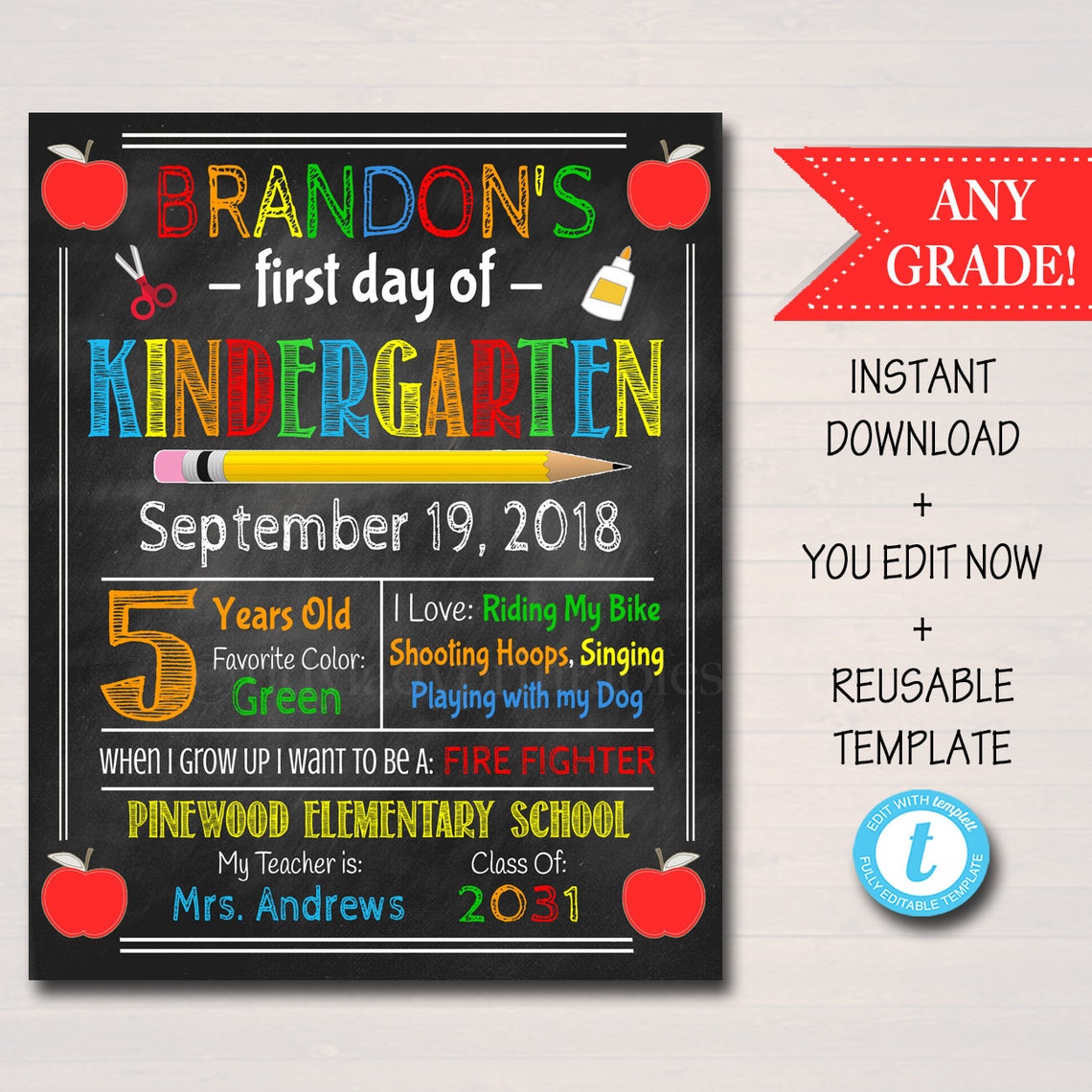 Editable Back to School Chalkboard Sign: Any Grade (digital Download ...