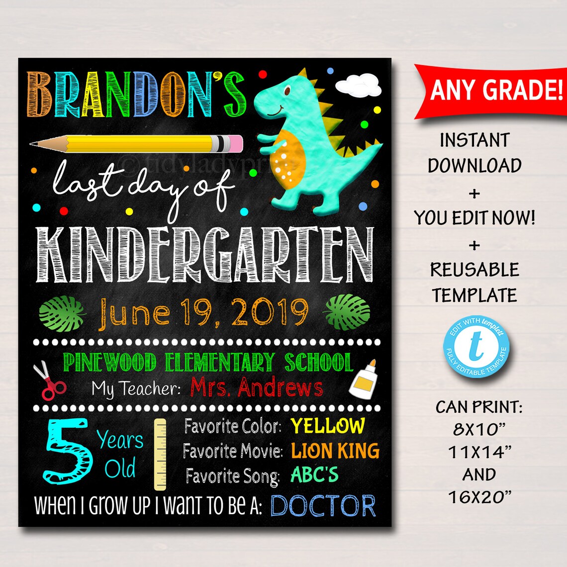 EDITABLE Dinosaur Last Day of School Photo Prop Back to School | Etsy