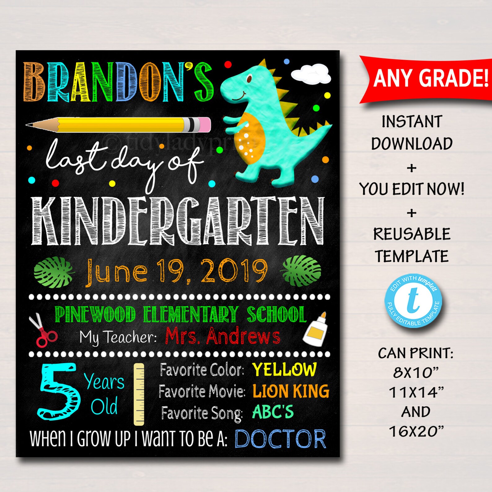 EDITABLE Dinosaur Last Day of School Photo Prop Back to School | Etsy