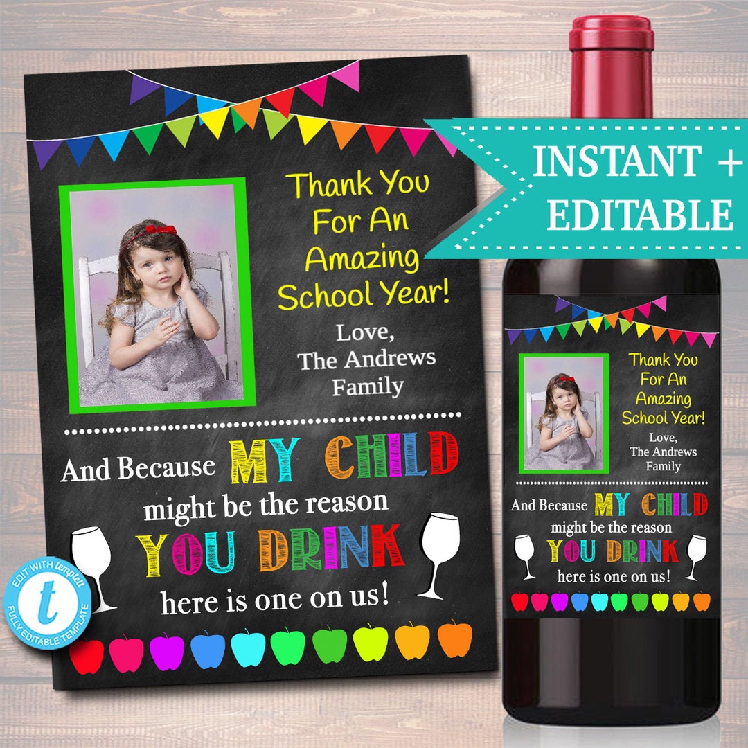 Editable Teacher Appreciation Wine Label: End of School Gift (instant ...
