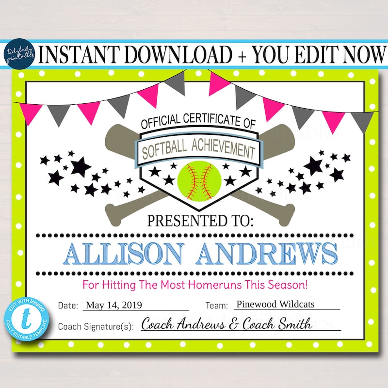 Softball Award Template - Etsy