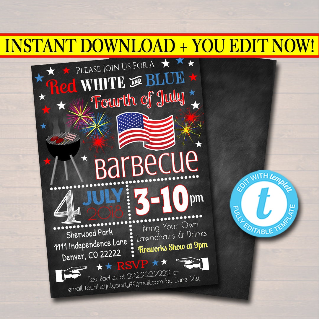 EDITABLE Fourth of July Party BBQ Picnic Invitation Company Event ...