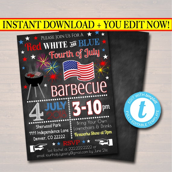 EDITABLE Fourth of July Party BBQ Picnic Invitation Company Event ...