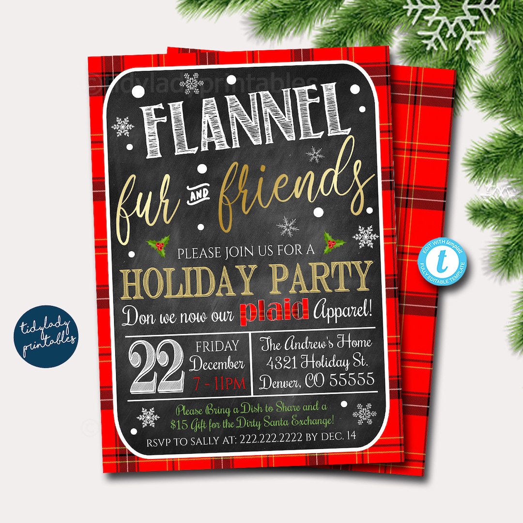EDITABLE Flannel Fur & Friends Xmas Party Invitation, Christmas Party ...