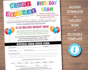 Birthday Gram Order Form Flyer Printable Balloon School Fundraiser PTO ...