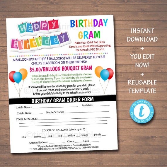 EDITABLE Birthday Gram Flyer, School Fundraiser Template, Birthday ...