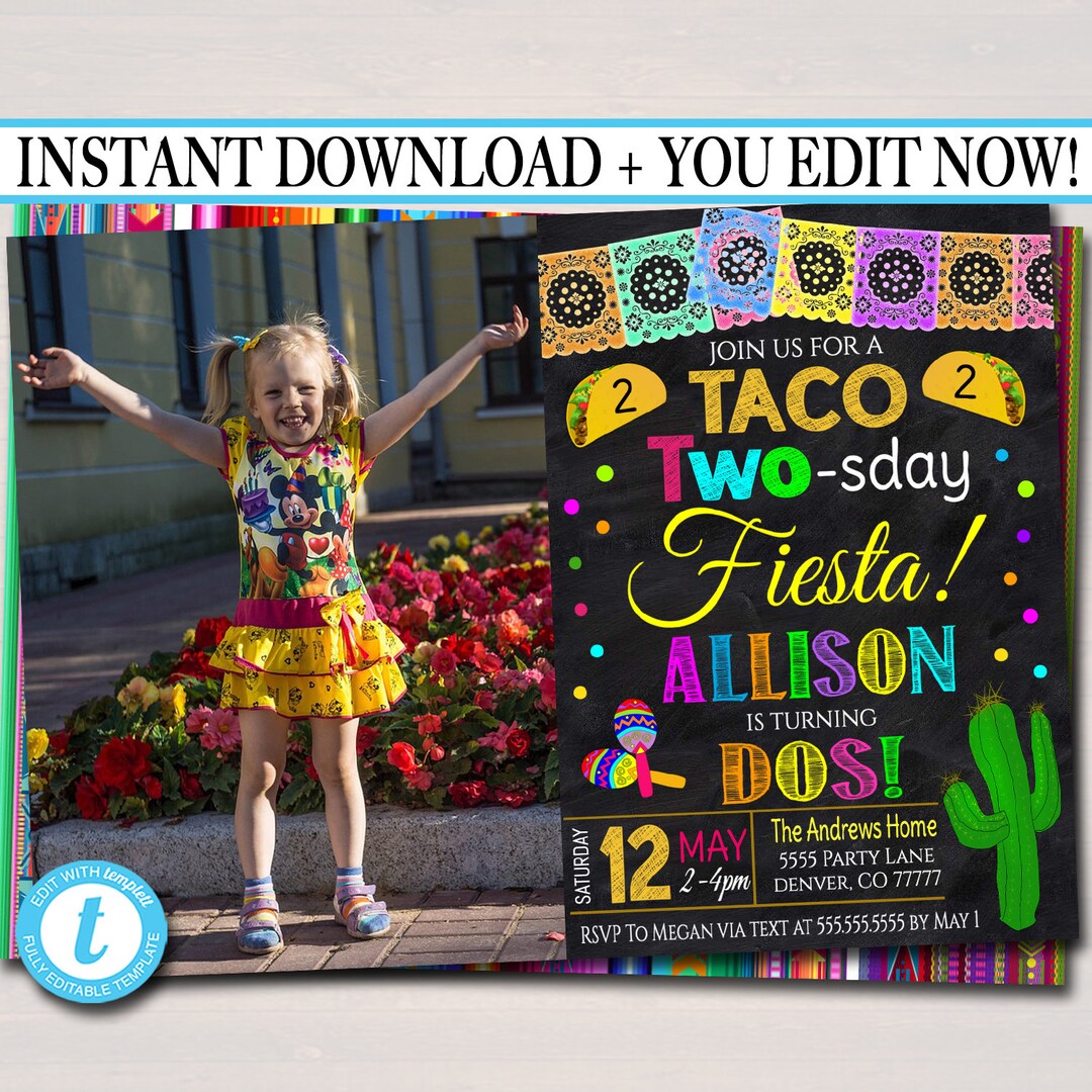 Taco Two-sday Fiesta Invitation: Second Birthday, Chalkboard Design ...