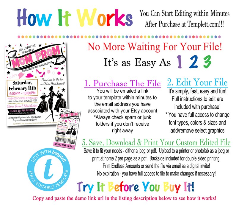 EDITABLE Mom Prom Fundraiser Flyer Invite Ticket Set pto pta | Etsy