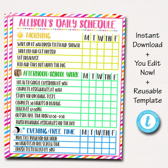 Printable Home School Schedule Daily Subject Checklist Homework 