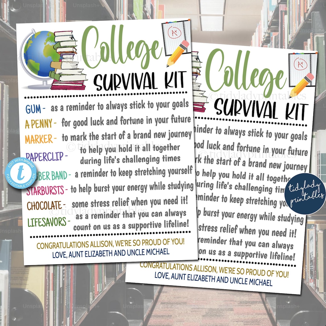 Editable College Survival Kit Gift Tags: Printable Care Package ...