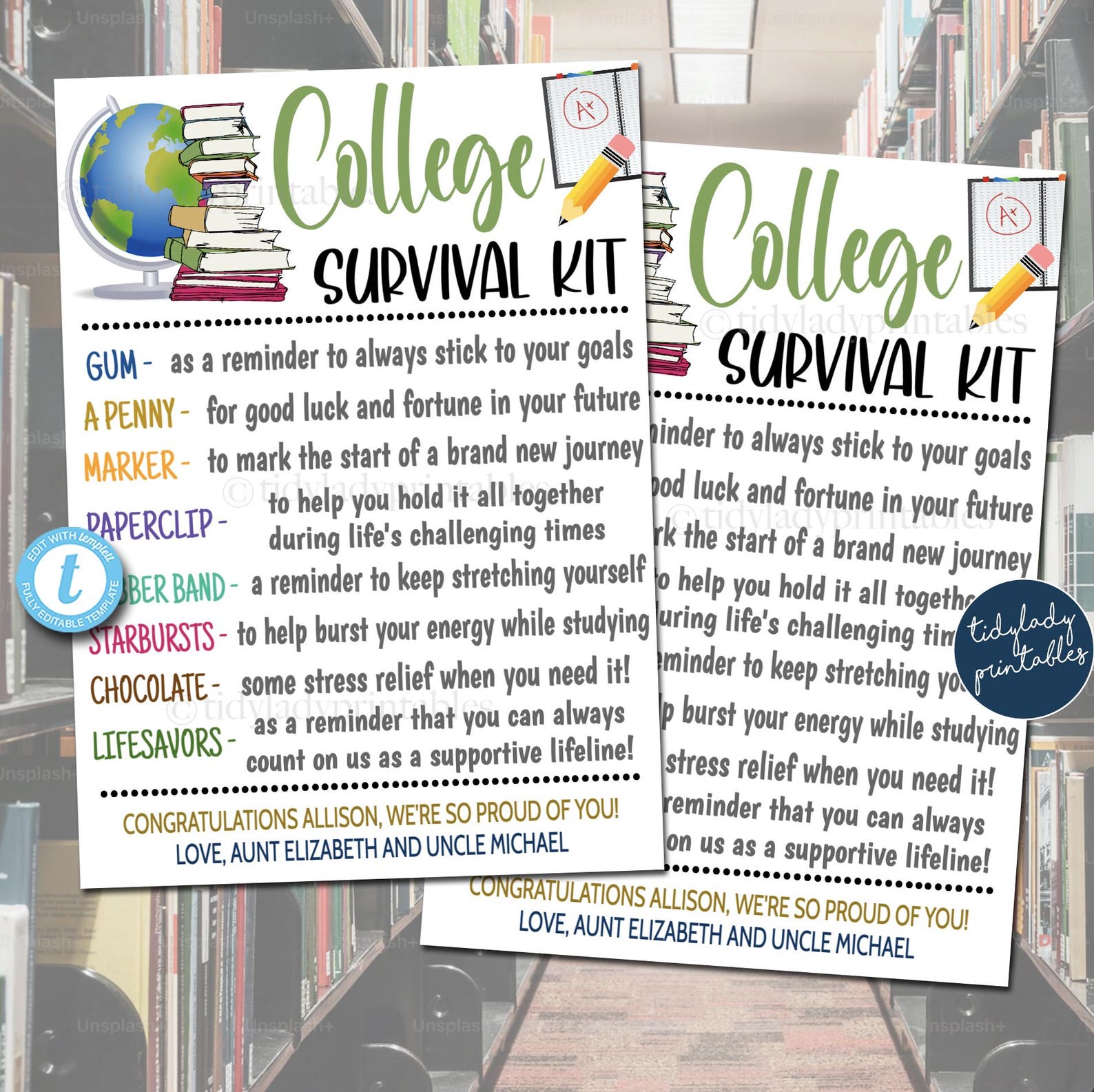 Editable College Survival Kit Gift Tags: Printable Care Package ...