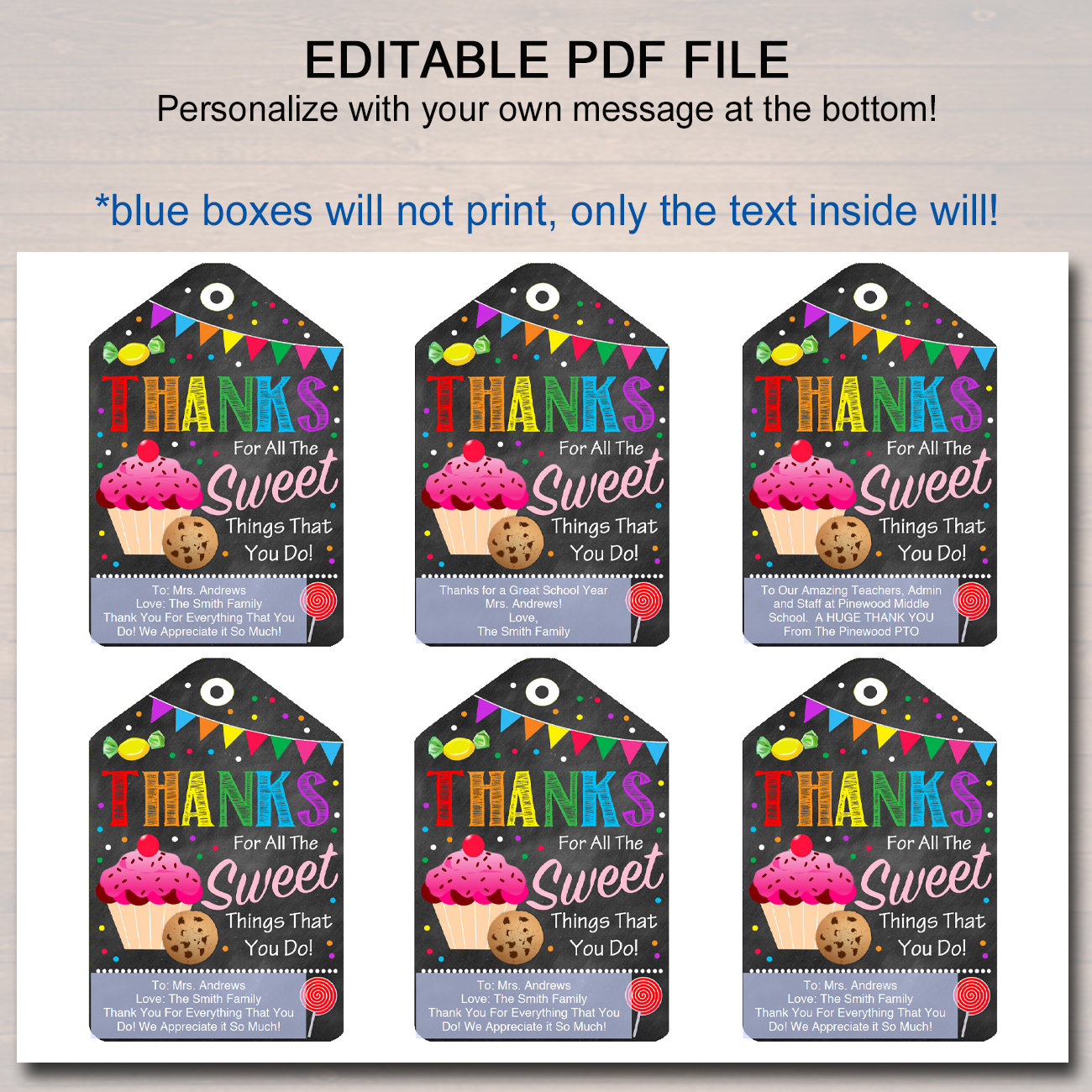 Printable Sweet Treat Thank You Tags: Editable Appreciation Gift (PDF ...