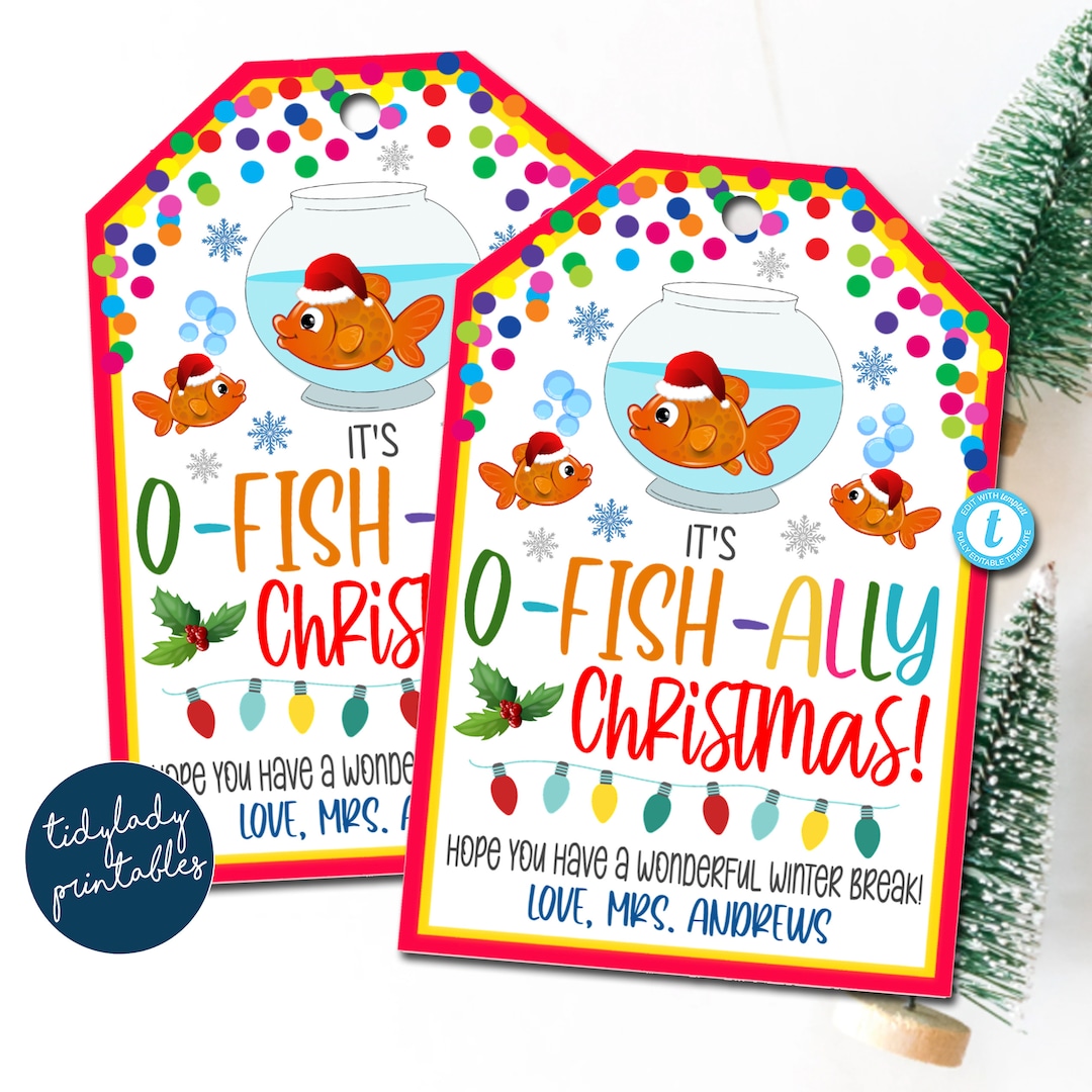 Christmas Goldfish Gift Tags, It's O-fish-ally Christmas Tag, Holiday ...