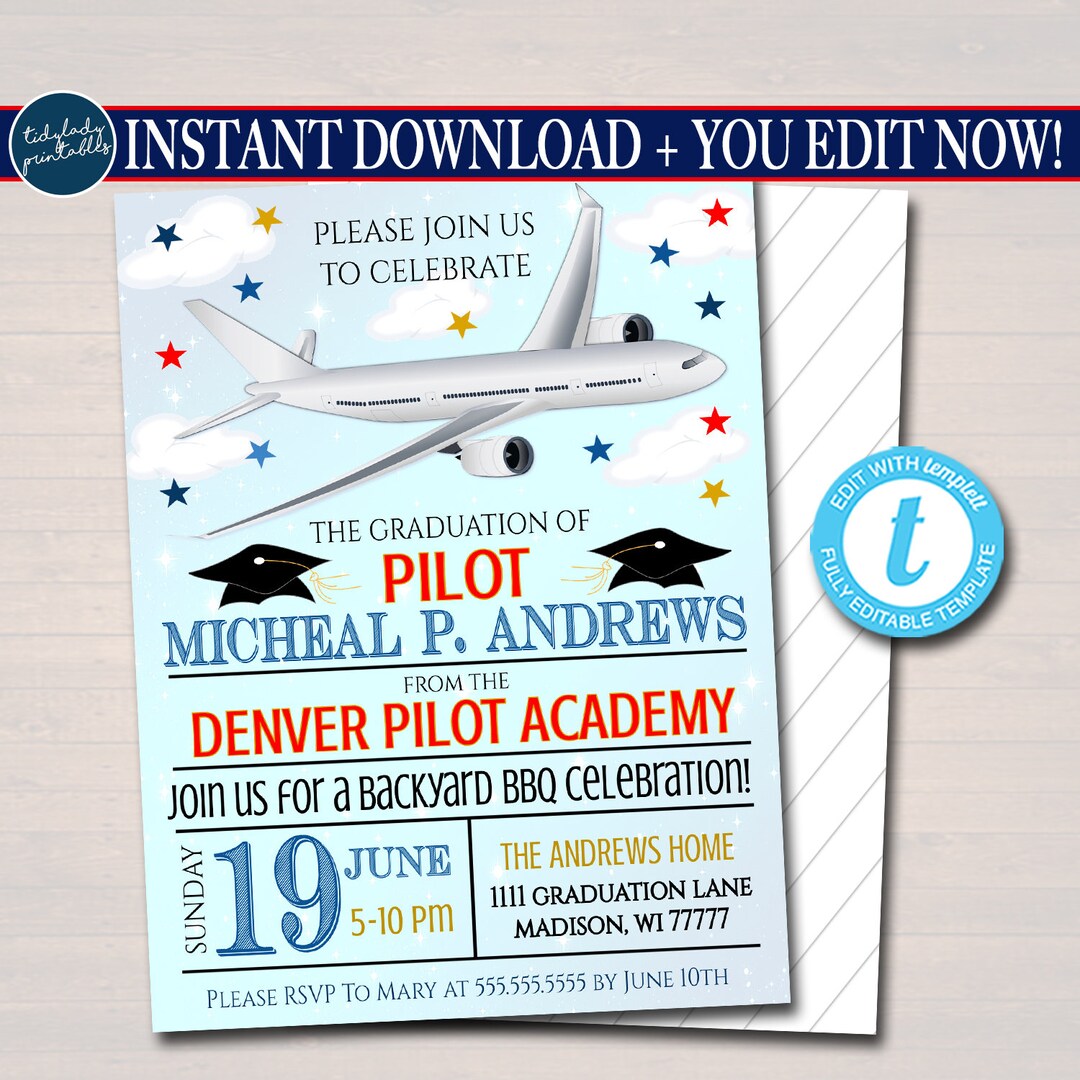 Pilot Graduation Invitation: Airplane Party, Editable Template (digital ...