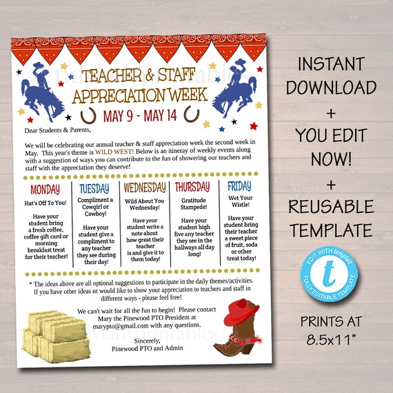 Editable Western Theme Teacher Appreciation Staff Invitation Newsletter ...