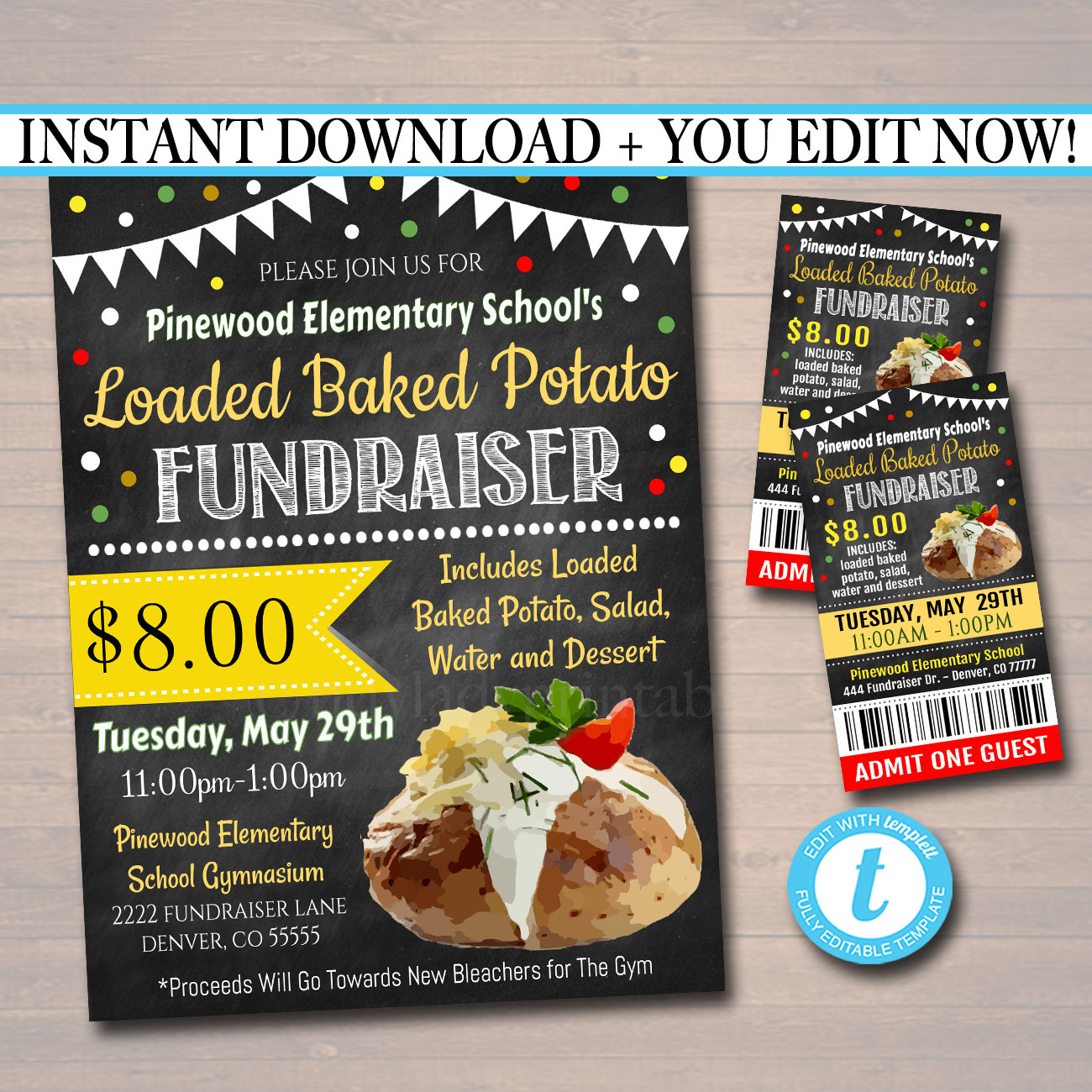 Editable Loaded Baked Potato Fundraiser Flyer & Ticket Set (digital ...