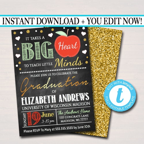 Teacher Graduation Invitation Chalkboard Printable College - Etsy