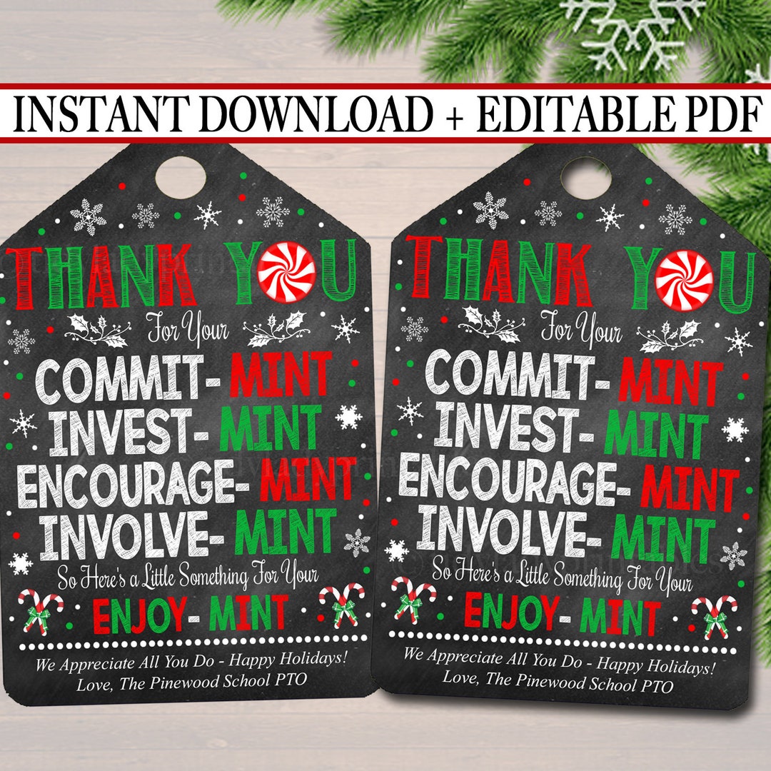 Christmas Mint Tags, Thank You Tags, Volunteer Labels, Printable ...