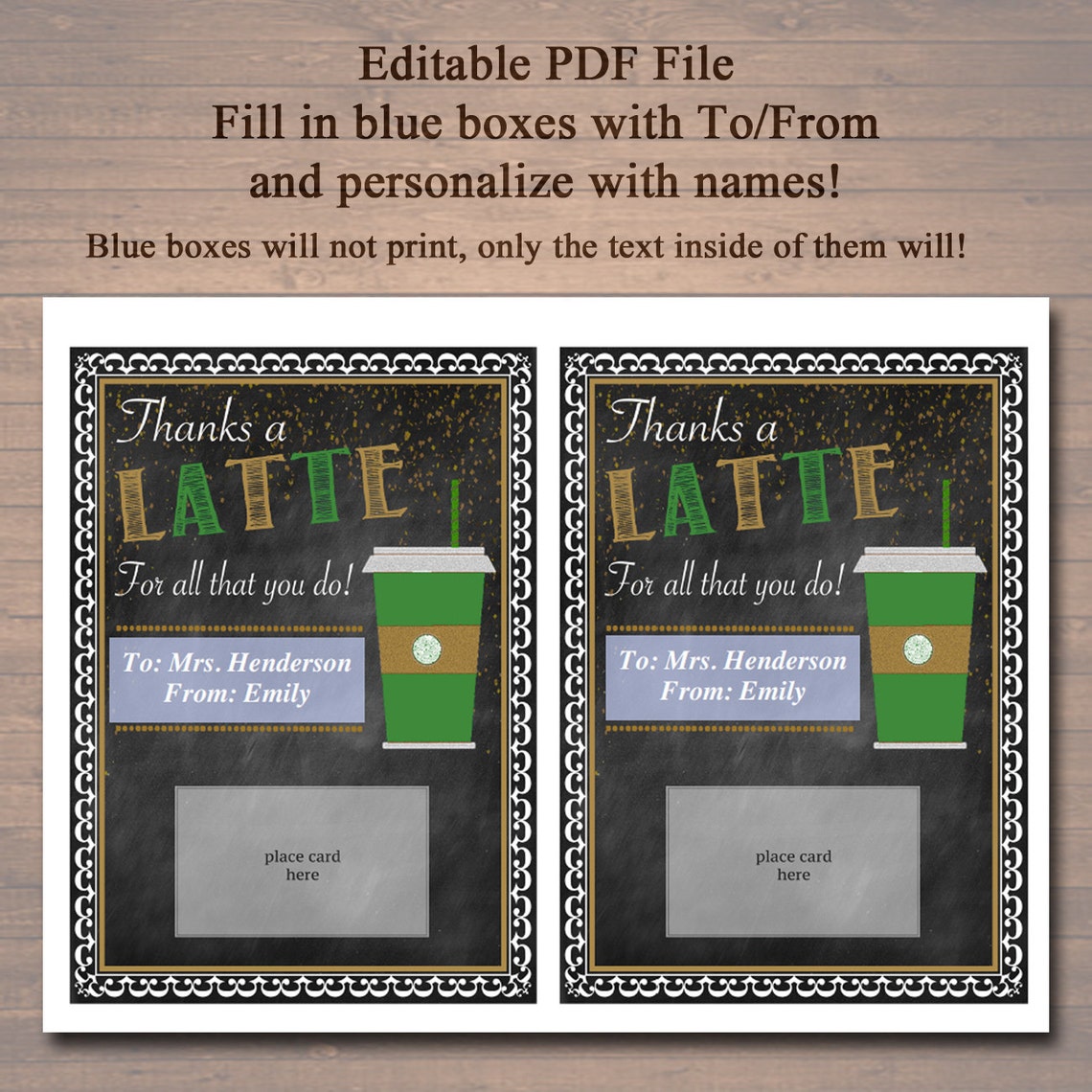 EDITABLE Coffee Card Holder Thanks a Latte Gift Card Holder | Etsy