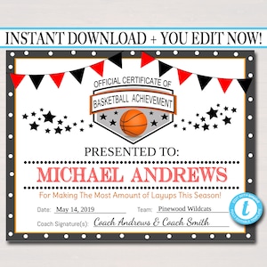 EDITABLE Basketball Certificates, INSTANT DOWNLOAD Basketball Team ...