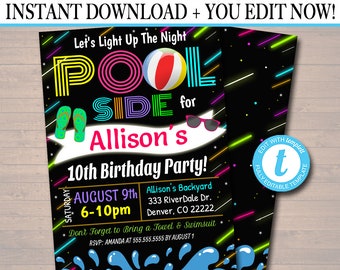Neon Pool Party Invitation | Etsy