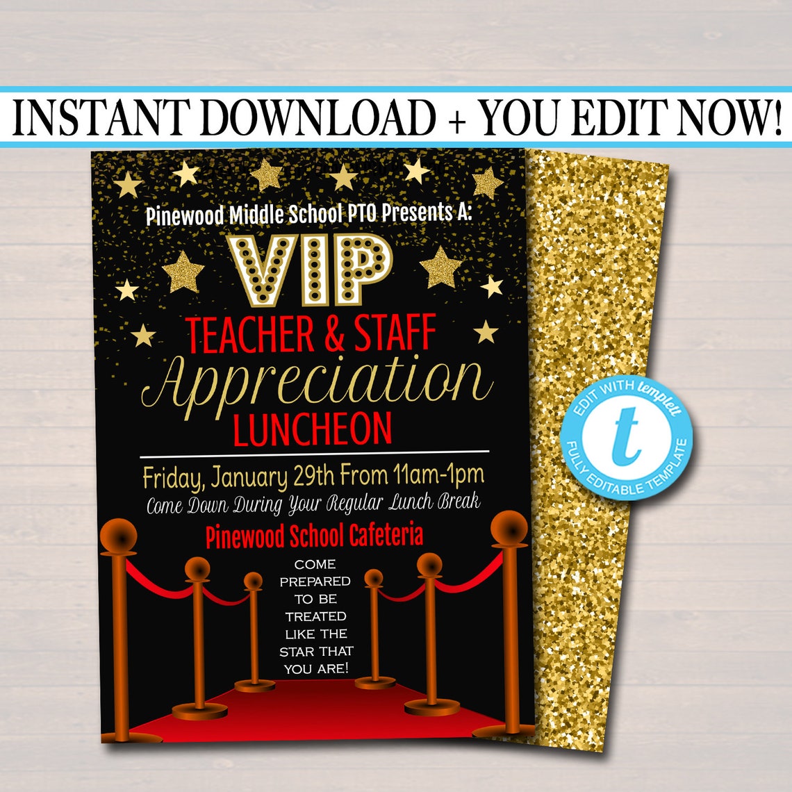 Editable Teacher Appreciation Luncheon Invitation: Hollywood Theme ...
