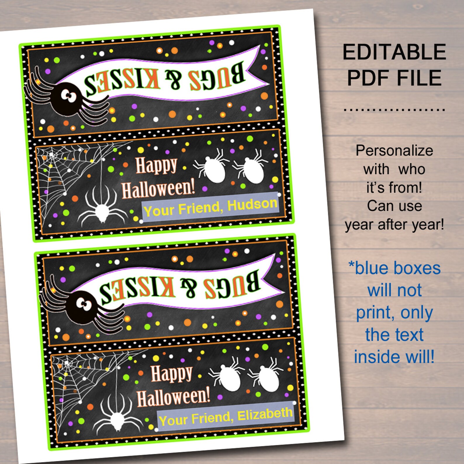 EDITABLE Bugs & Kisses Halloween Treat Bag Toppers Halloween | Etsy