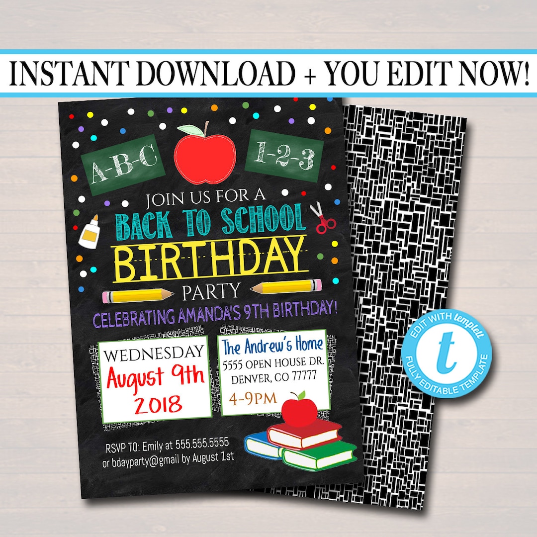 EDITABLE Back to School Birthday Party Invite, Printable Digital, Back ...