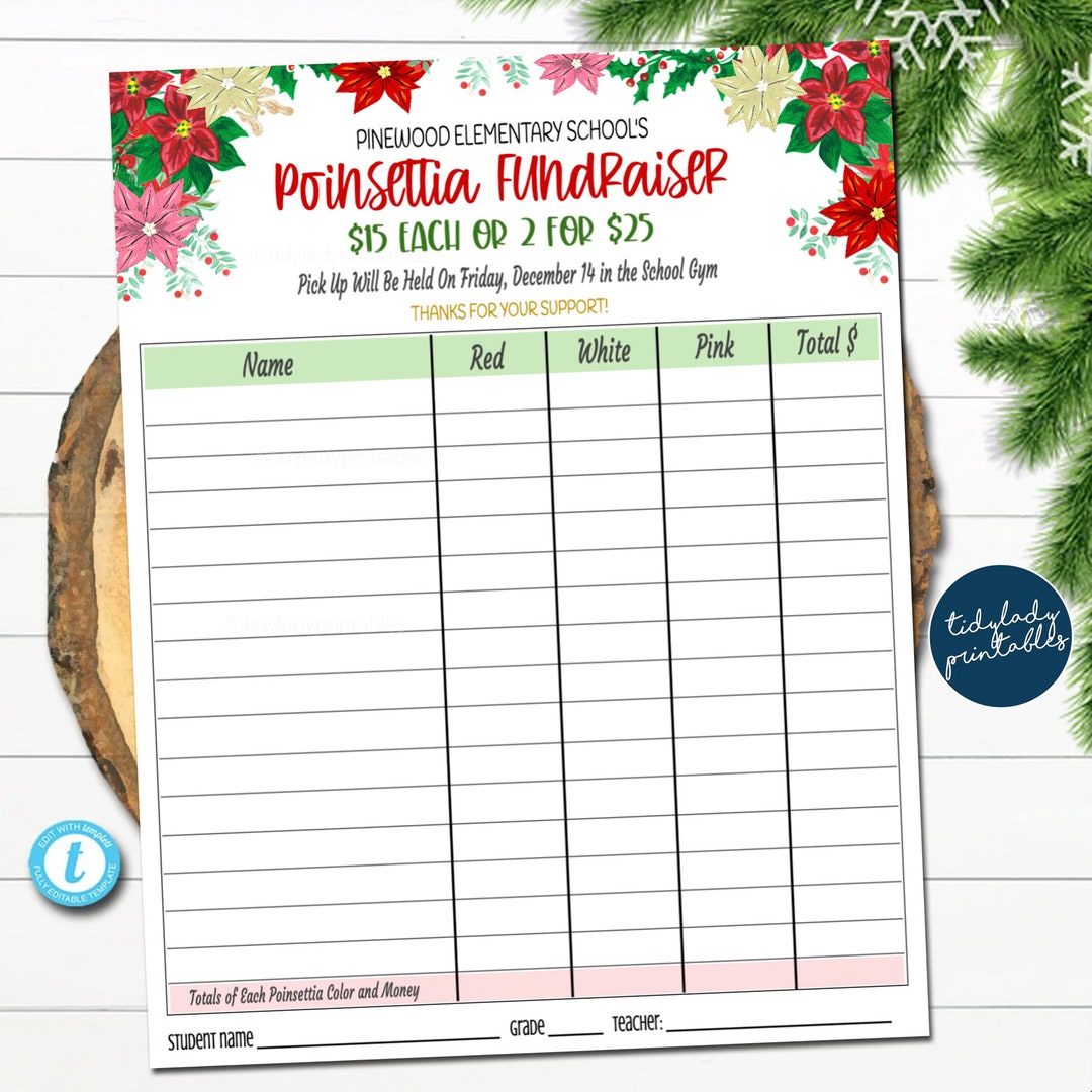 Poinsettia Fundraiser Order Form, Christmas Charity Nonprofit Printable ...
