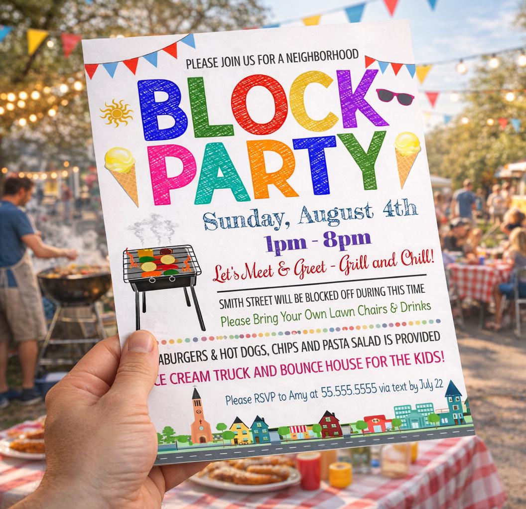 Editable Block Party Invite and Flyer: BBQ Picnic, Summer Celebration ...