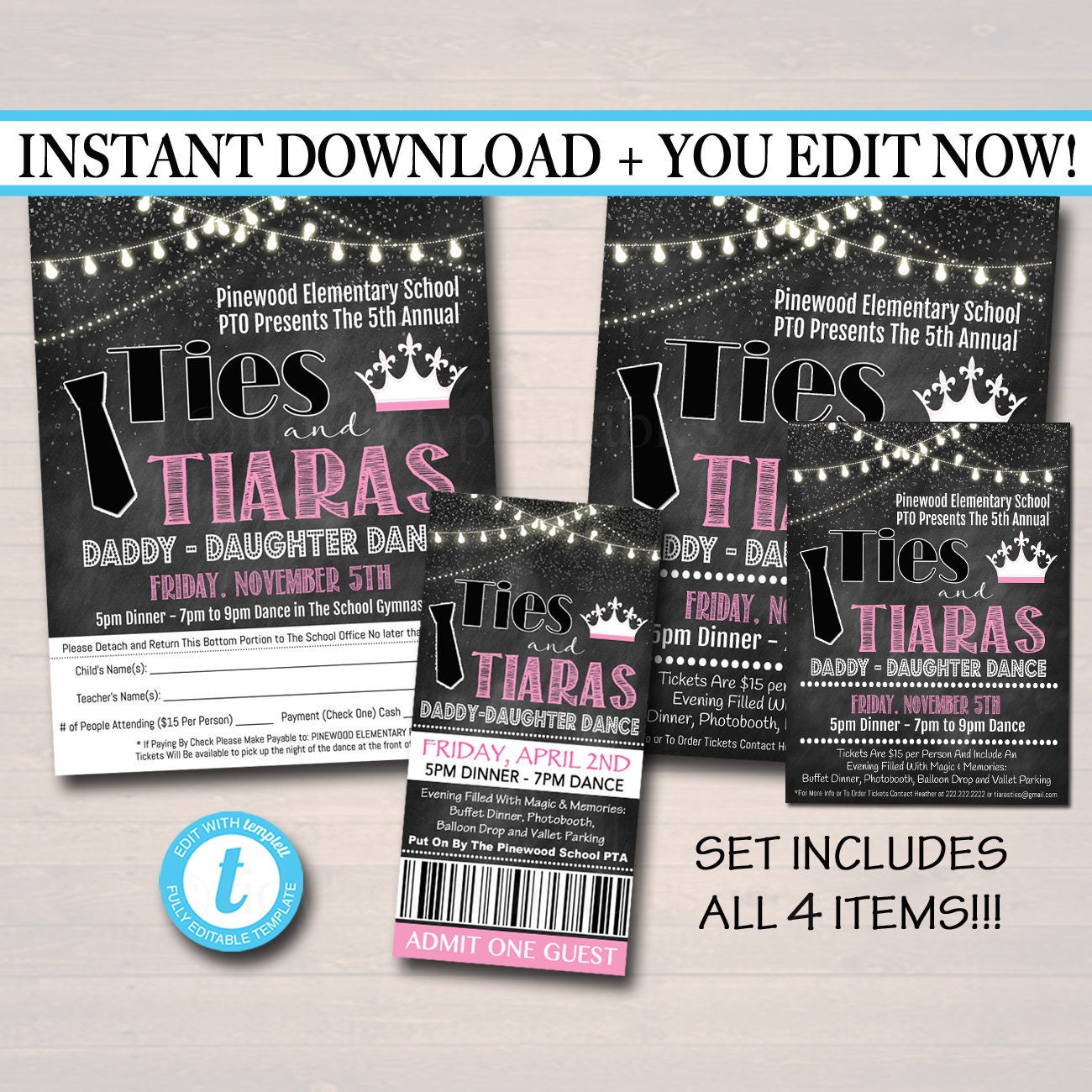 Daddy Daughter Dance Flyer Set: Ties & Tiaras, Editable (instant ...