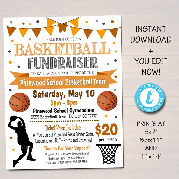 EDITABLE Basketball Fundraiser Flyer Printable PTA PTO Flyer School 